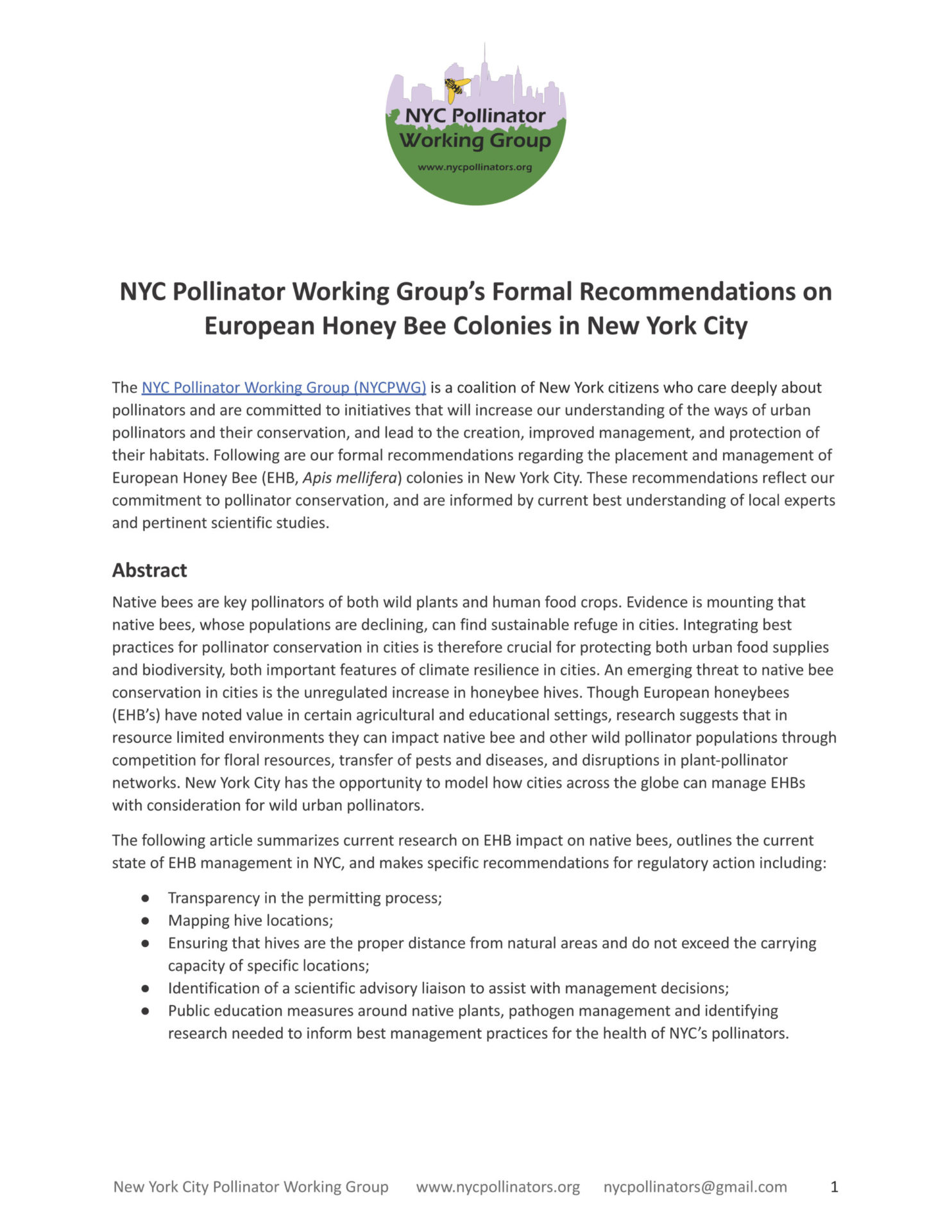 NYCPWG Honeybee Policy Recommendations - NYC Pollinator Working Group